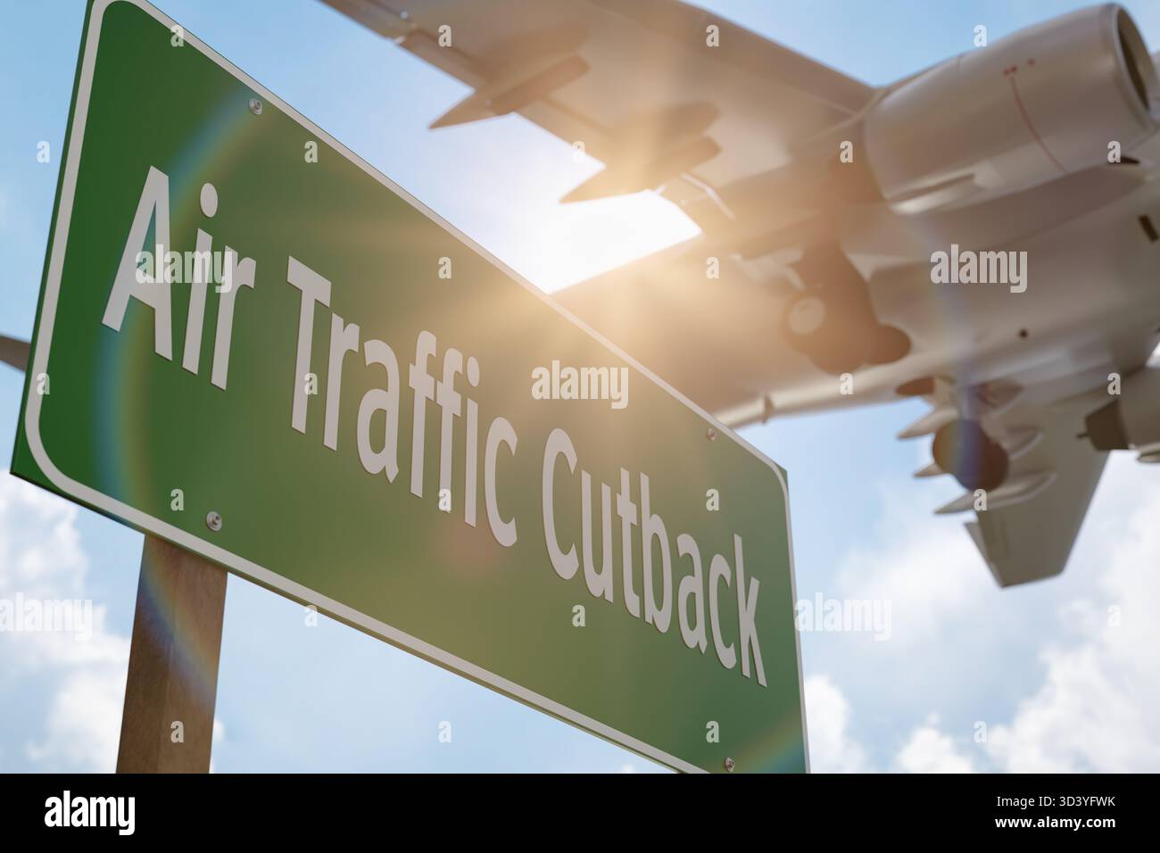 Air Traffic Cutback Green Road Sign with Airplane Above Stock Photo - Alamy