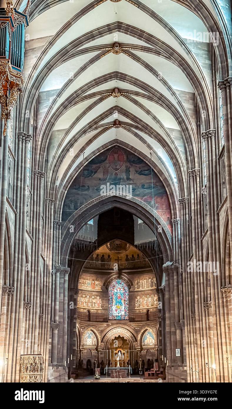 The interior of a grand cathedral features soaring arches, detailed ...
