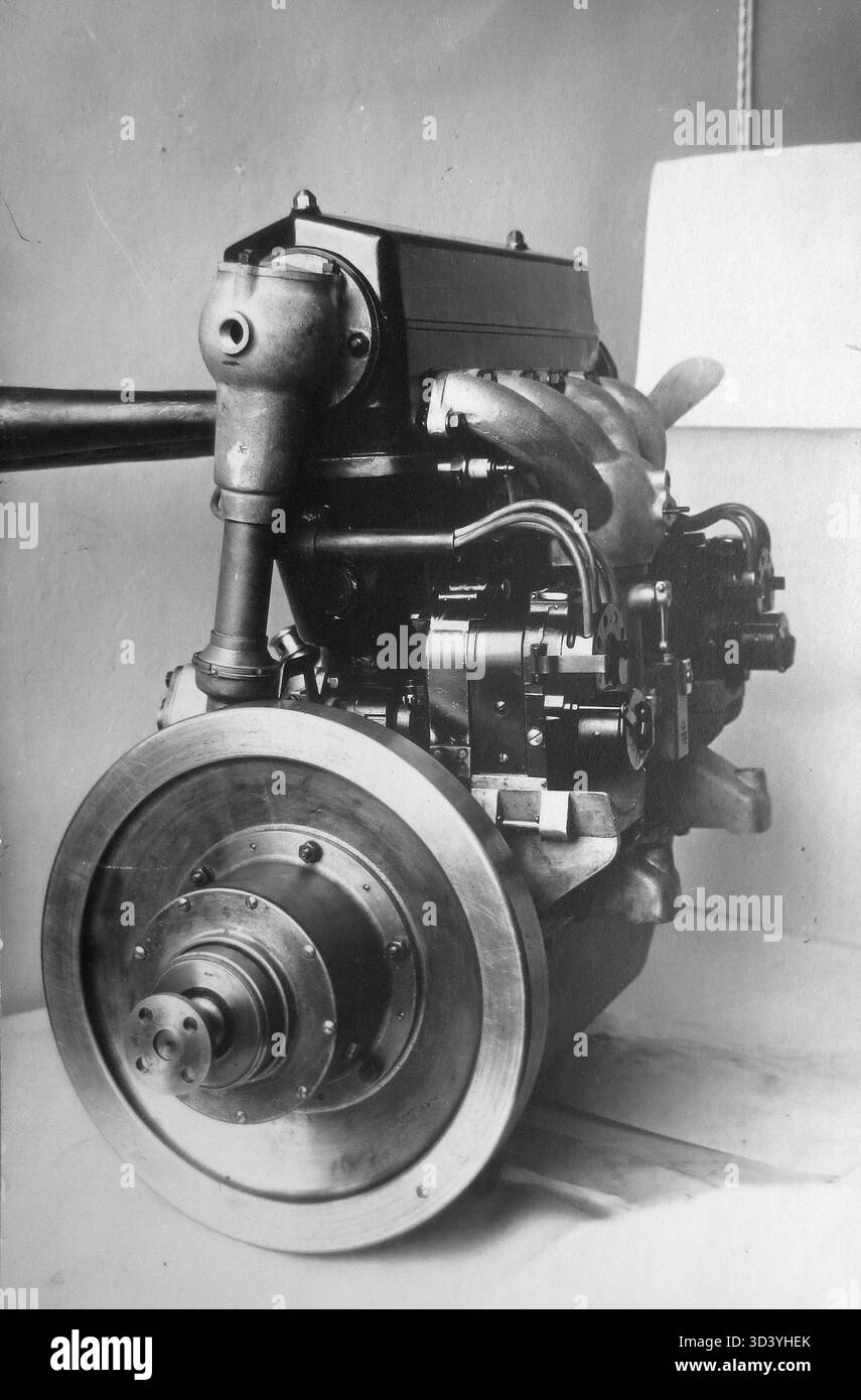 A close-up photograph of the Walter 0 racing car engine from 1 August ...