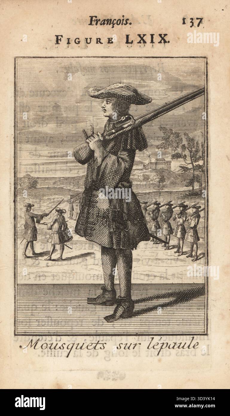 French soldier in slope arms position with matchlock musket on his ...