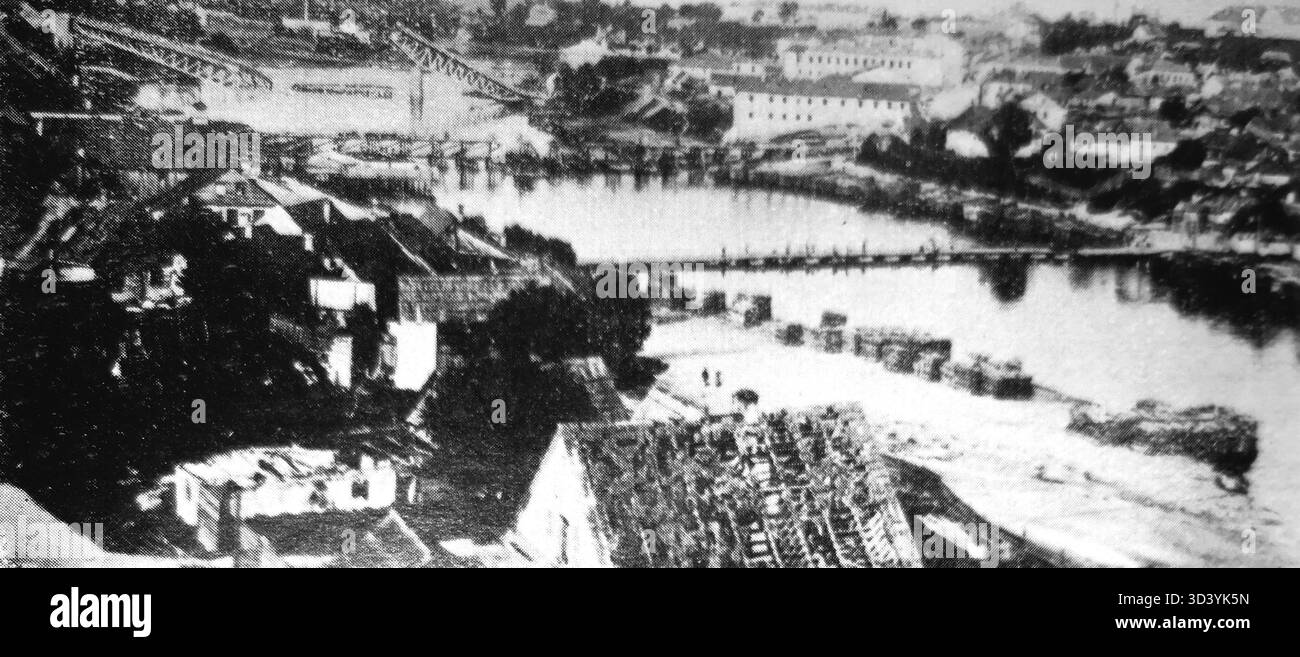A photograph from before 1918 showing Grodno with a pontoon bridge and ...