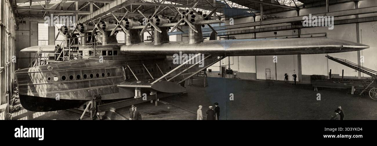 A twelve-engine Dornier flying boat is shown inside a hangar in Germany ...