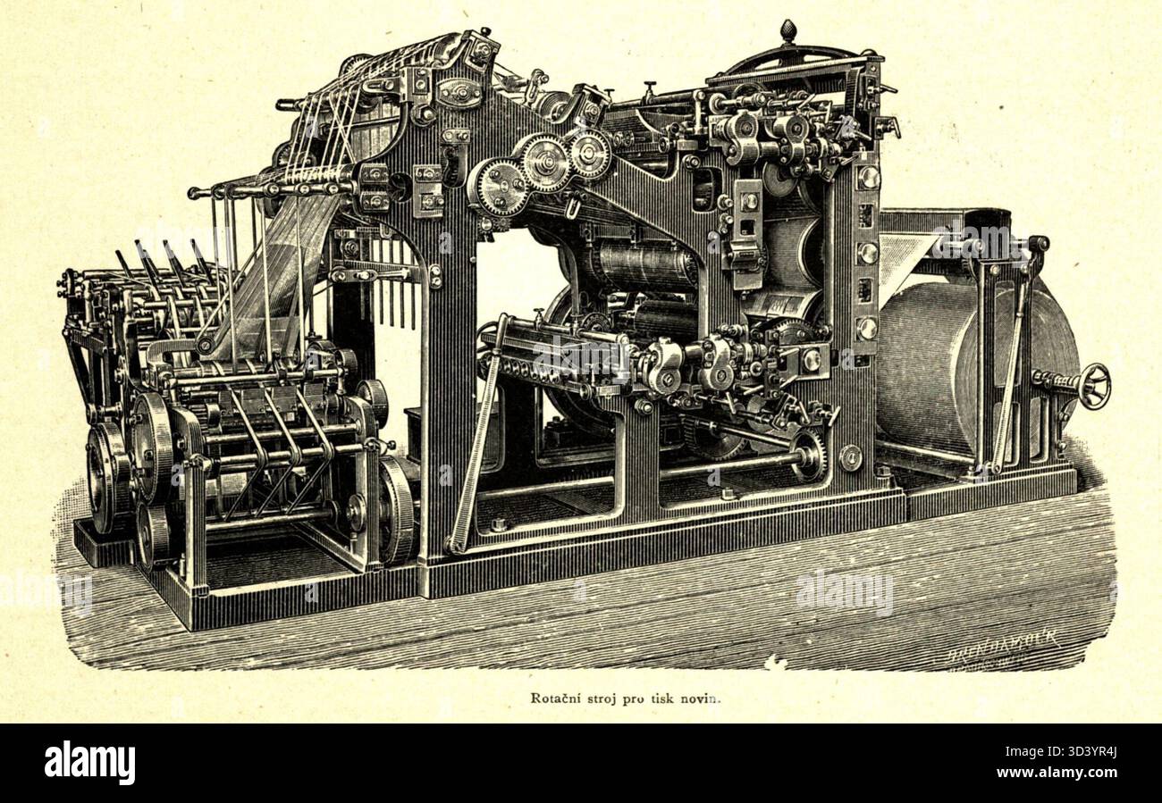 A historical image of a 19th-century newspaper printing machine ...