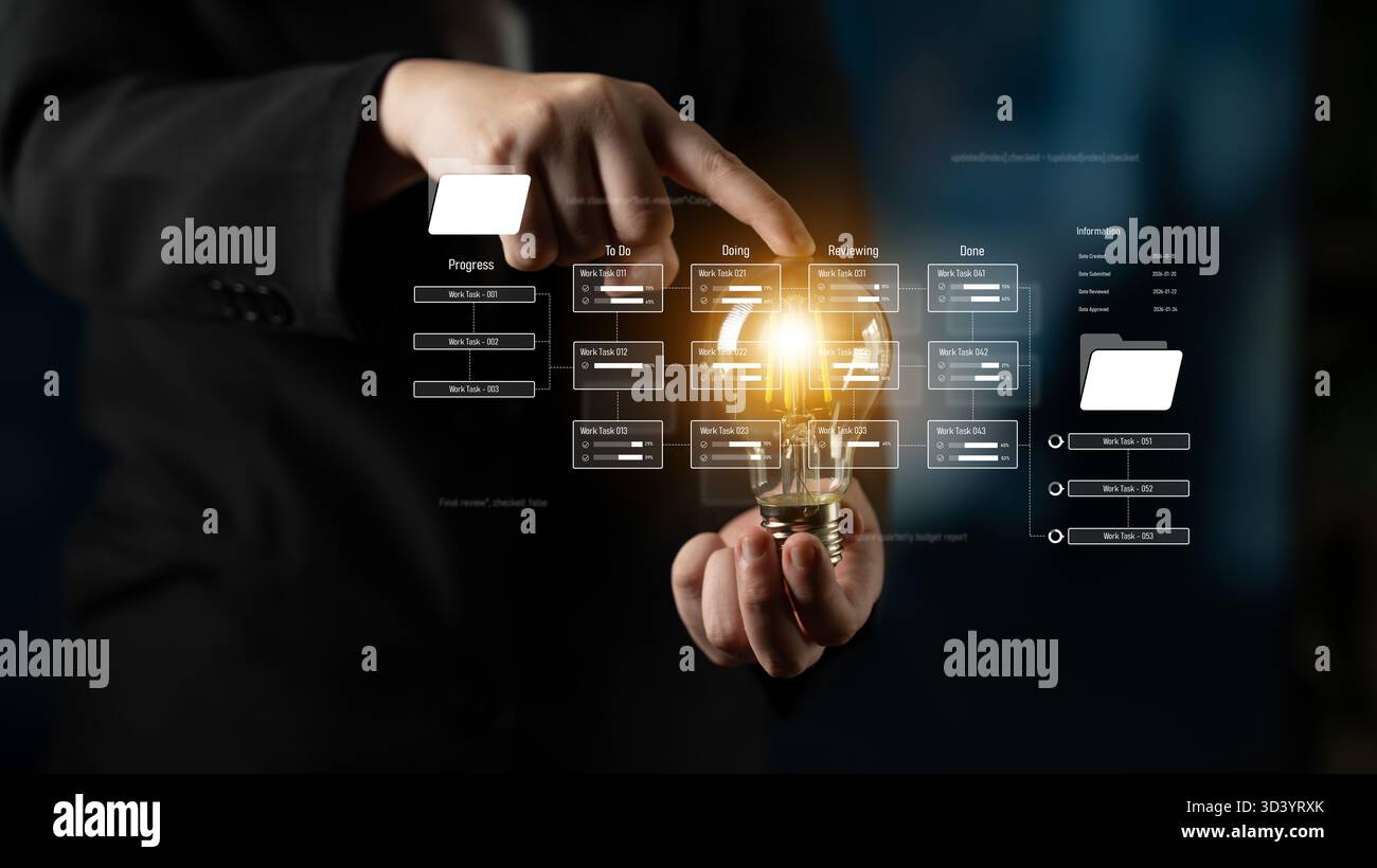 Project management system showing workflow stages, task progress, and ...