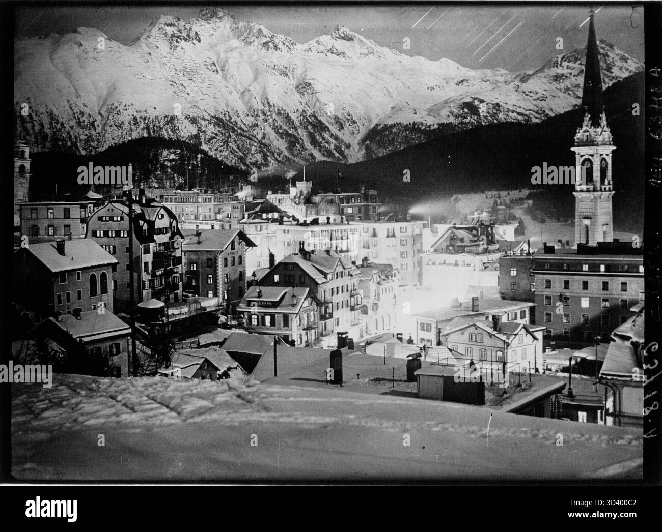This press photograph from 1928 shows Saint-Moritz at night, capturing ...