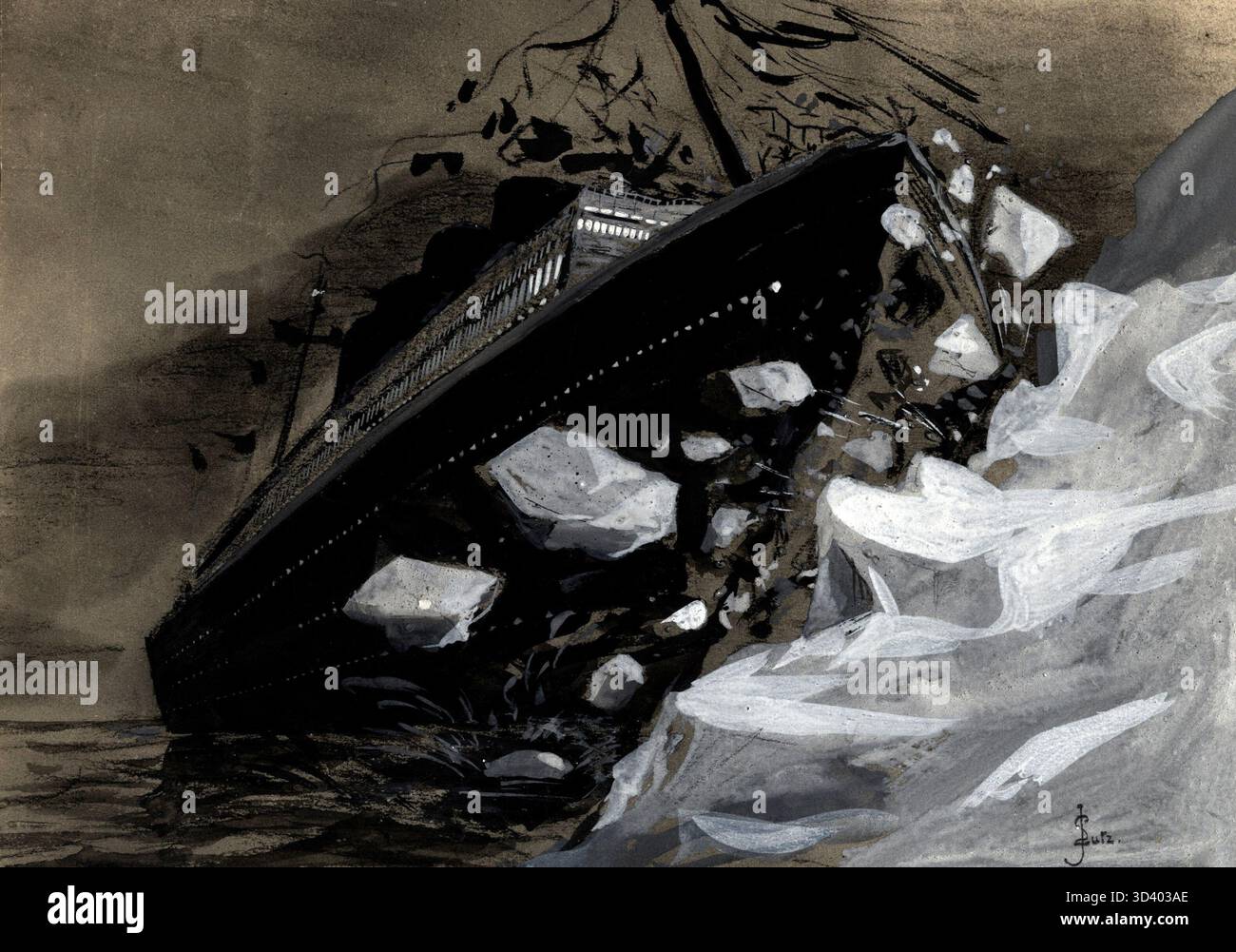 A drawing by J. Lutz depicts the moment of the Titanic's collision with ...