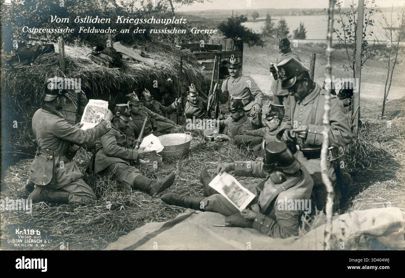 A postcard from a World War I series, depicting Prussian sentries at ...