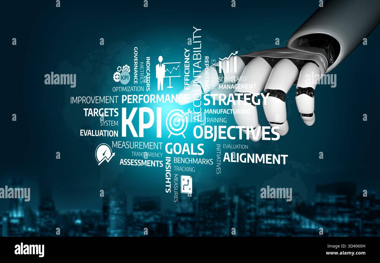 A futuristic robotic hand portrays the concept of KPIs and performance ...