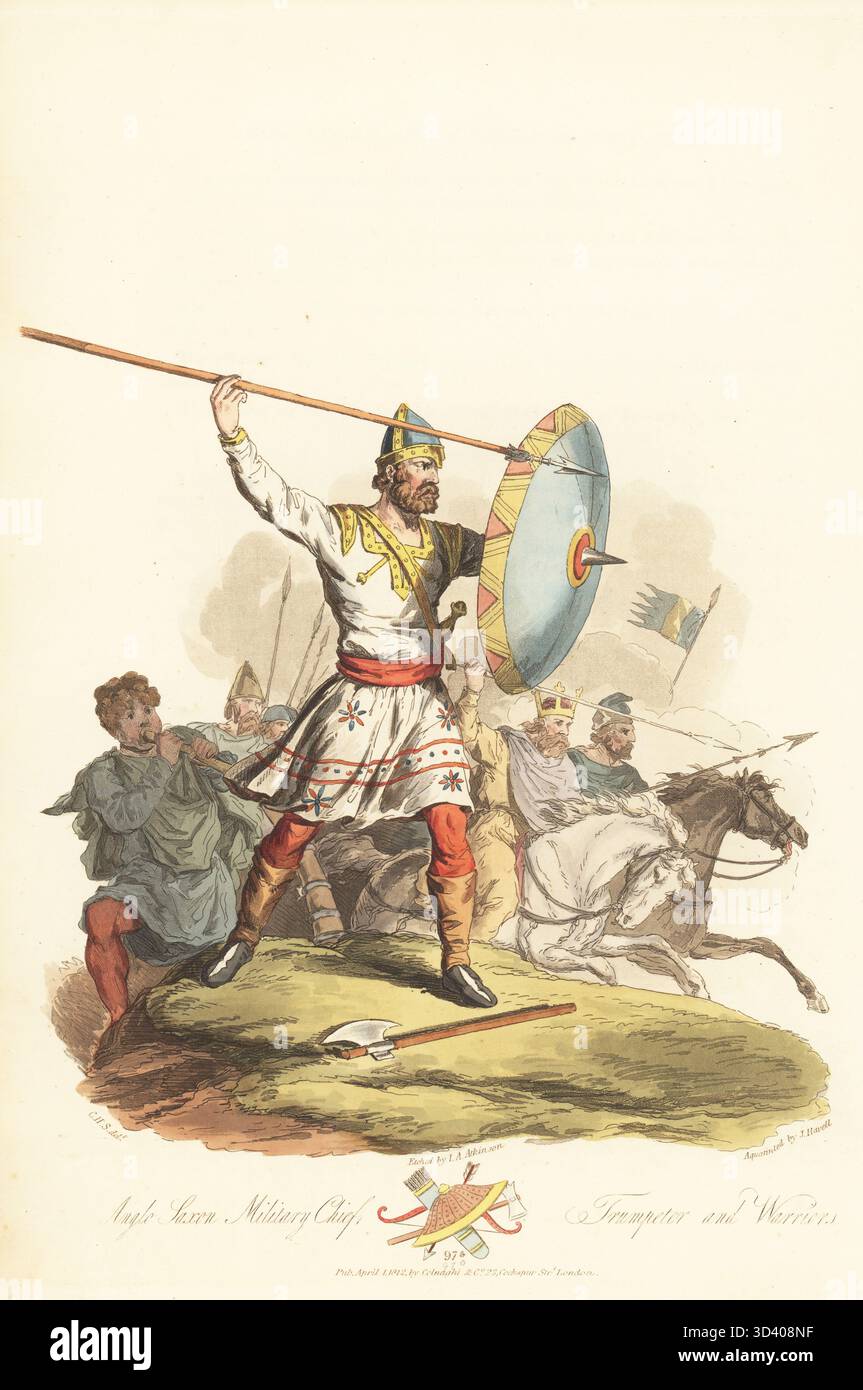 Anglo Saxon military chief, trumpeter and mounted warriors, 10th ...