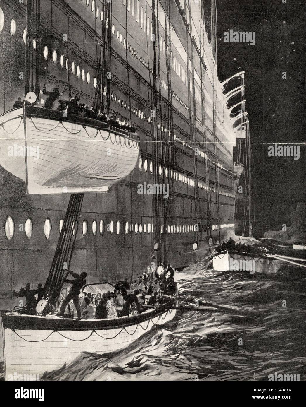 Illustration from 1912 depicting the Titanic disaster, showing ...