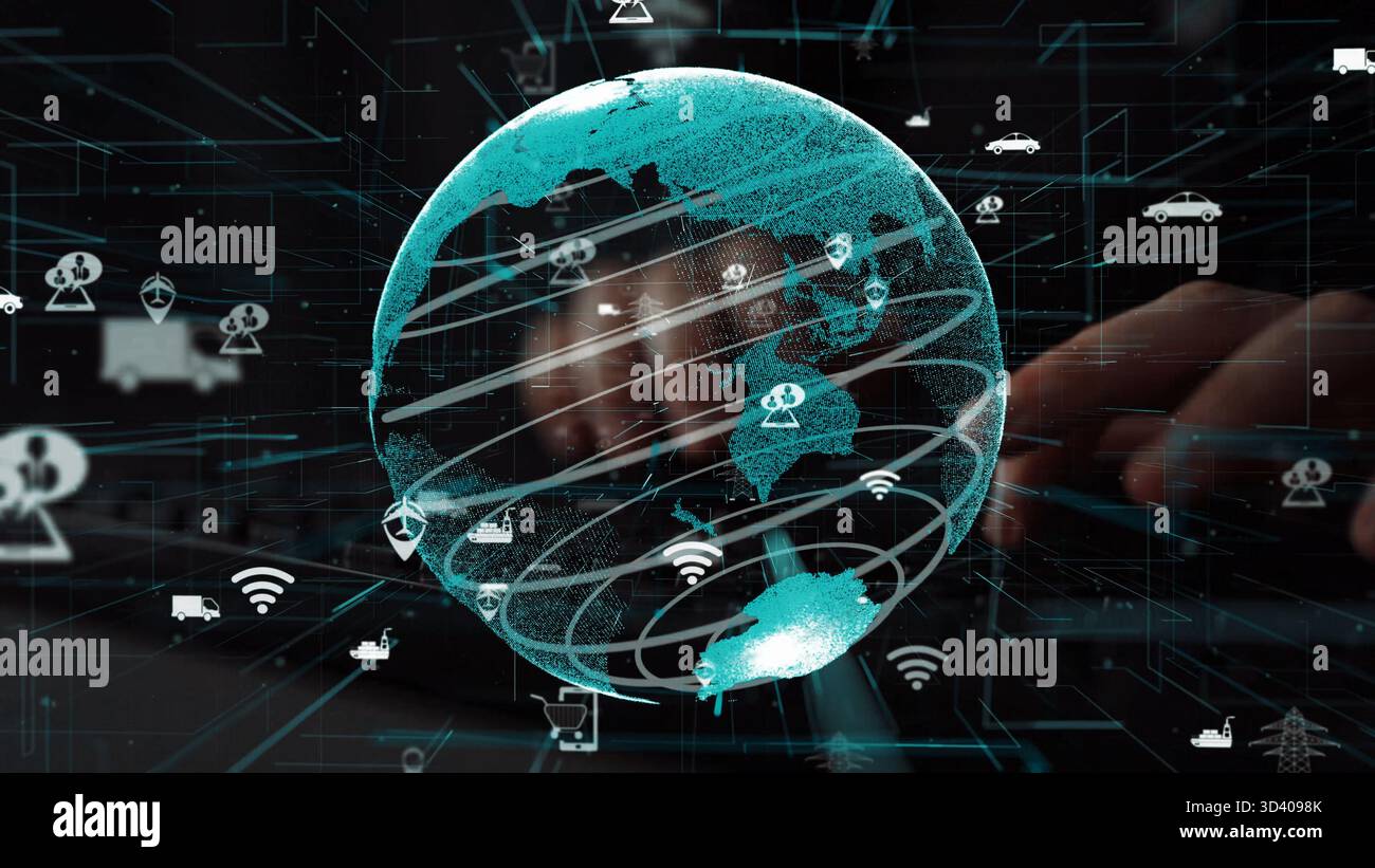 This image illustrates a digital globe interconnected with various ...
