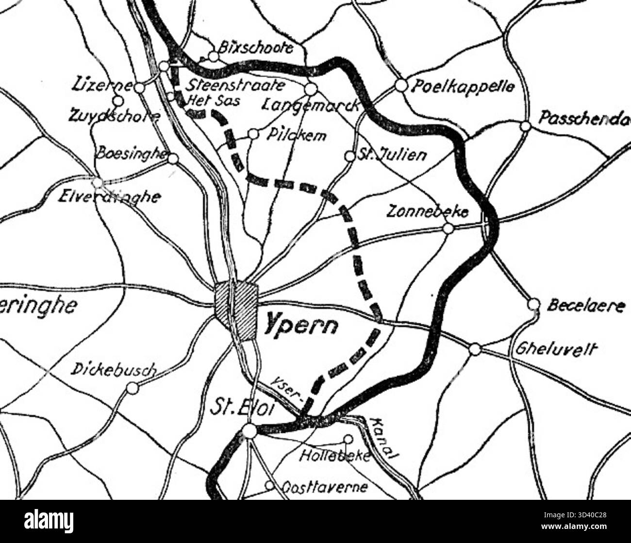 A 1915 depiction of the Ypres Salient during the First World War ...