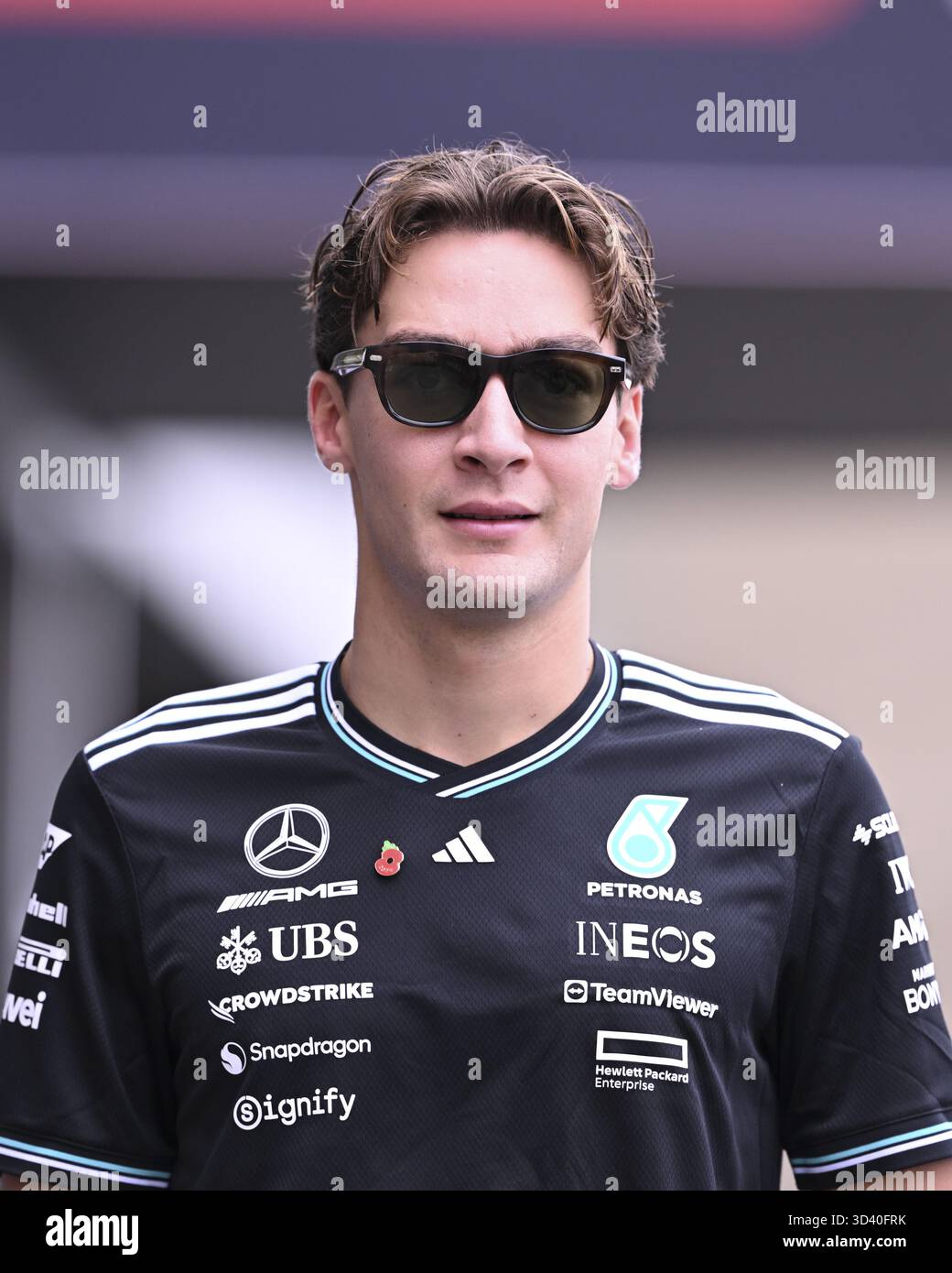 SAO PAULO, BRAZIL - NOVEMBER 07: George Russell of Mercedes-AMG arrives ...
