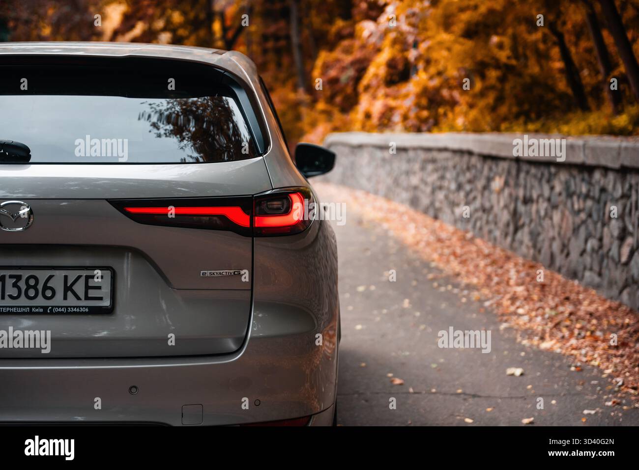 beige-grey Mazda CX-60 on rural forest road in autumn. Close-up rear ...