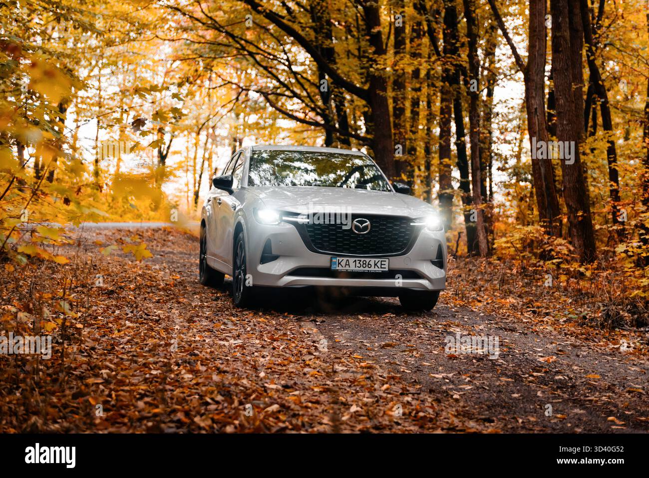 Beige Mazda CX-60 in autumn forest. Front view of modern japanese SUV ...