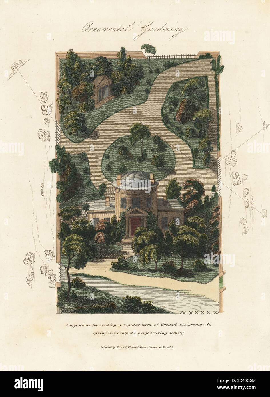 Plan for an ornamental garden around a classical house with dome. House ...