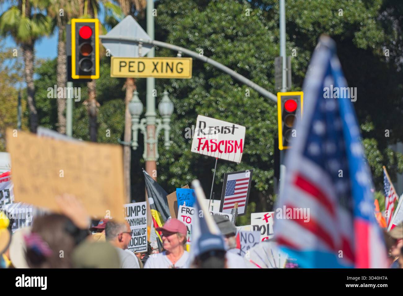 Los Angeles, California, USA, October 18, 2025. Protesters carry flags ...