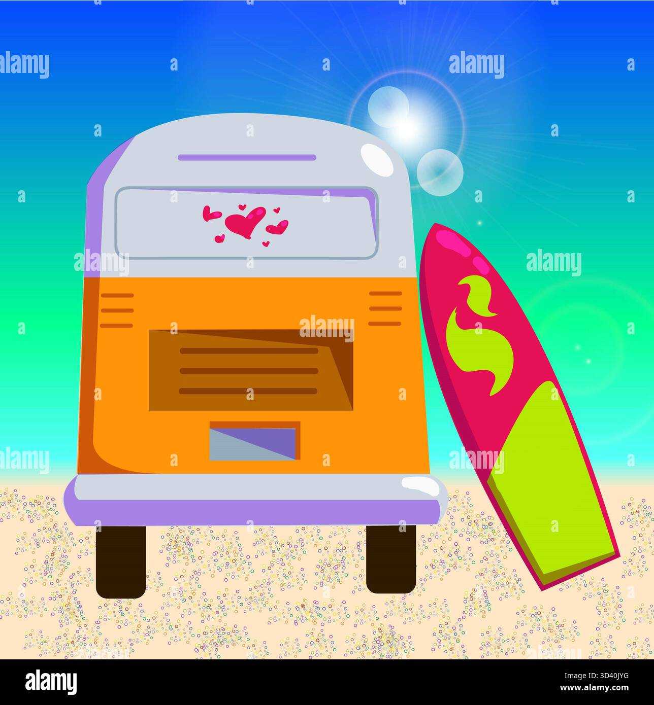 minivan on the beach with a surfboard Stock Photo - Alamy