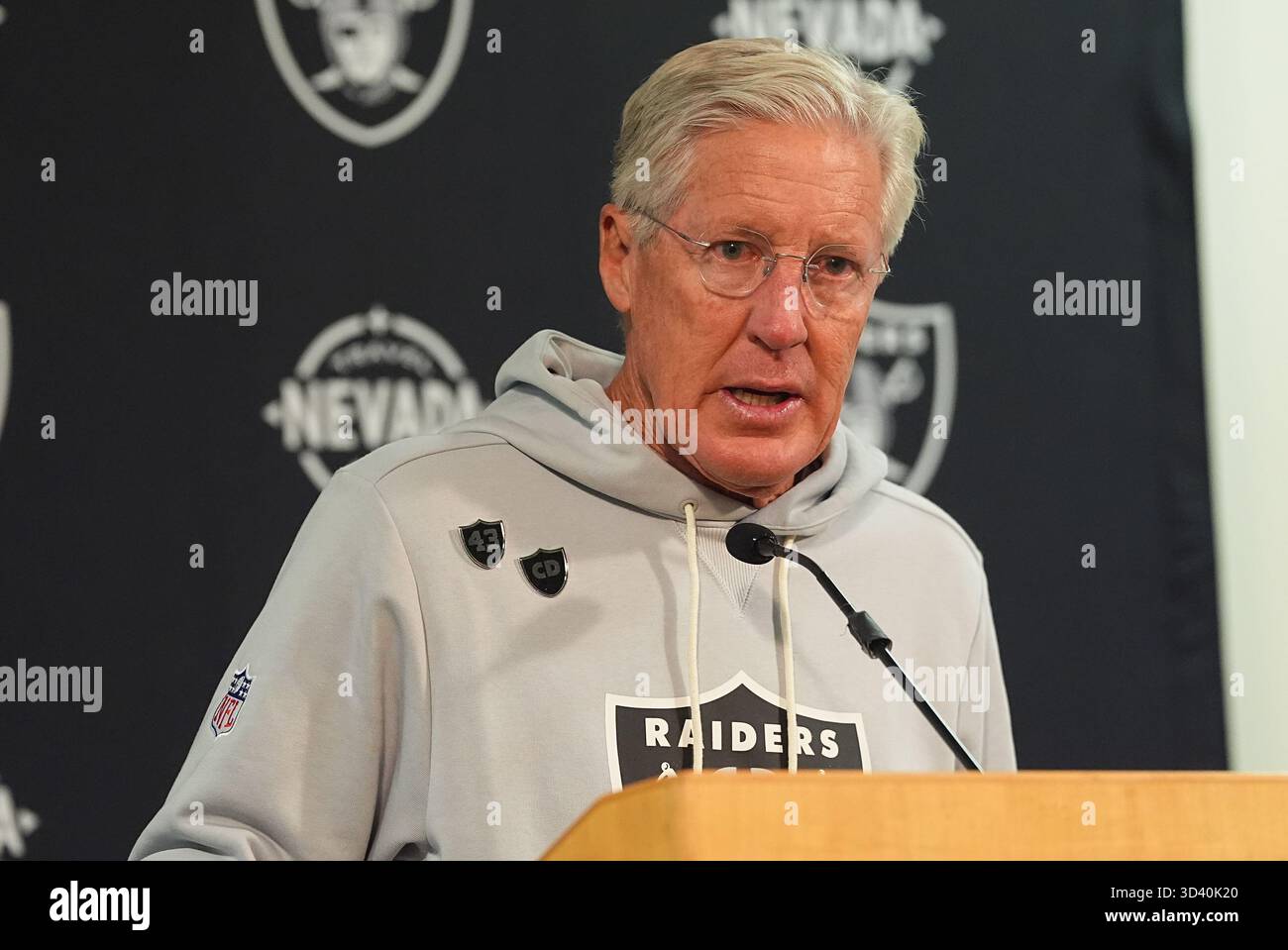 Las Vegas Raiders head coach Pete Carroll talks after an NFL football ...