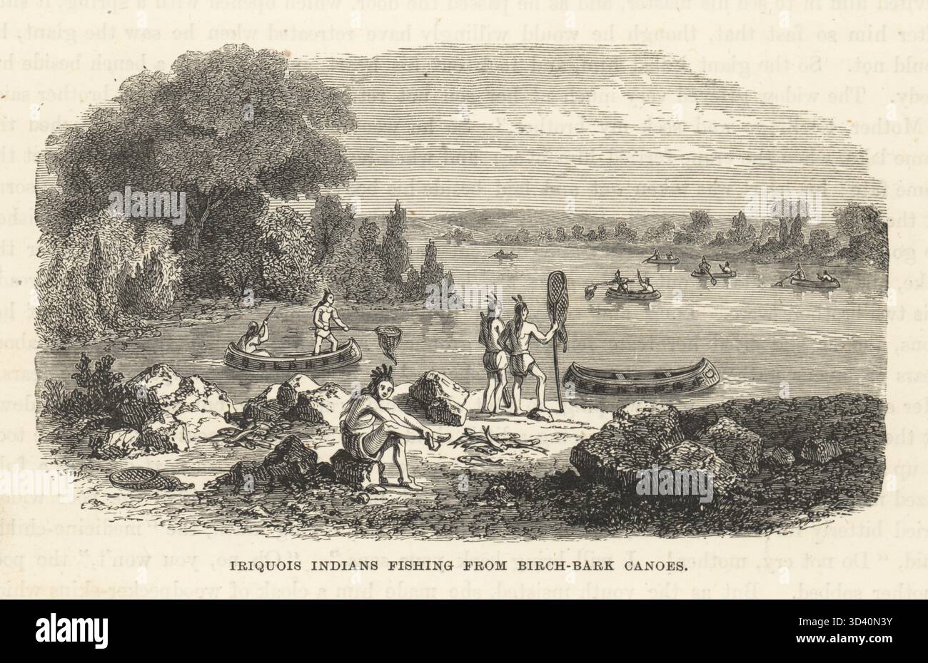 Iroquois indians fishing from birch bark canoes hi-res stock ...