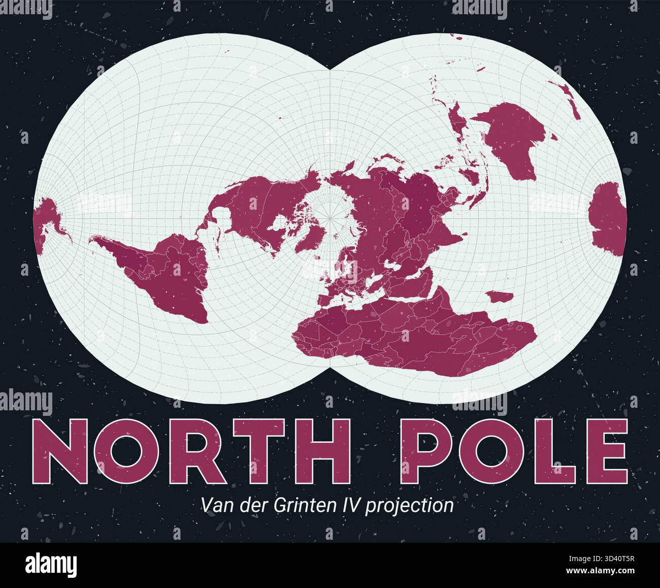 North Pole. World map. Van der Grinten IV projection centered to North ...