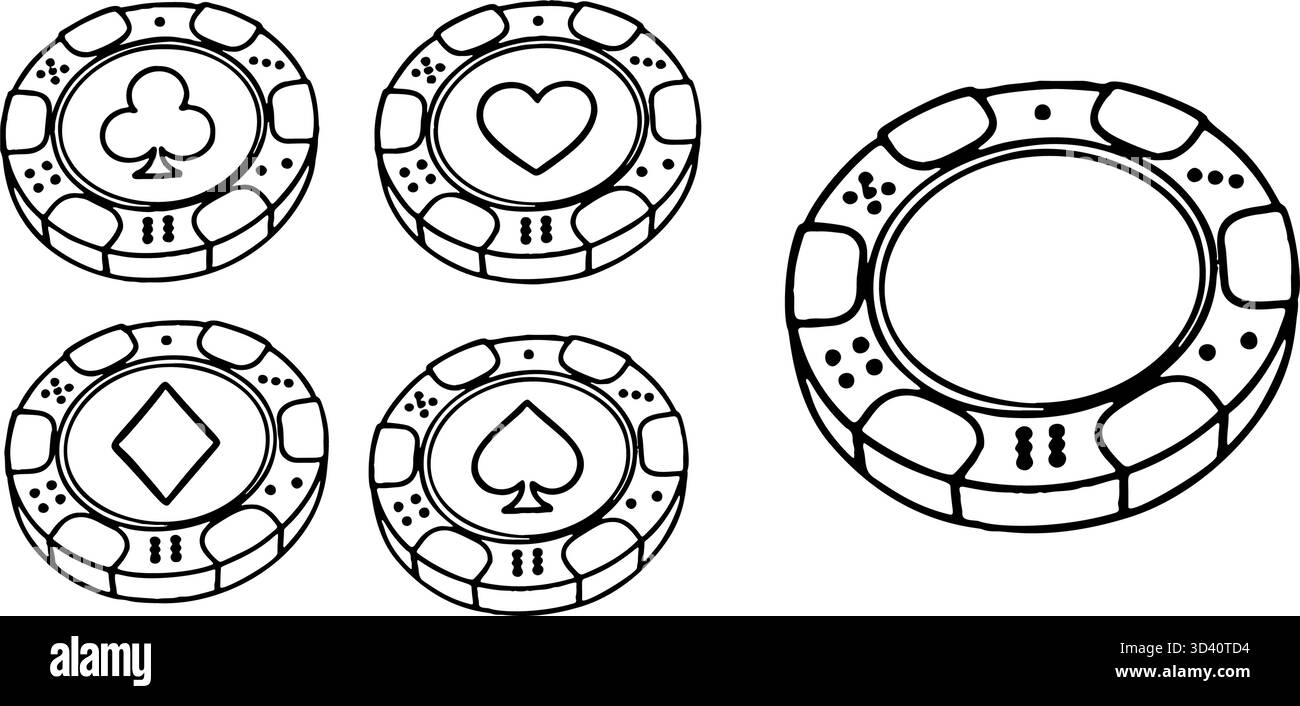 Poker and casino chips in doodle style. Hand drawn set of playing poker ...