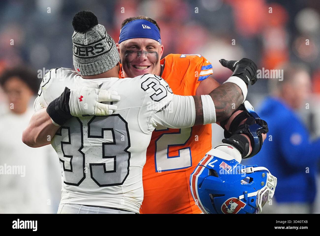 Las Vegas Raiders linebacker Jamal Adams (33) greets Denver Broncos ...