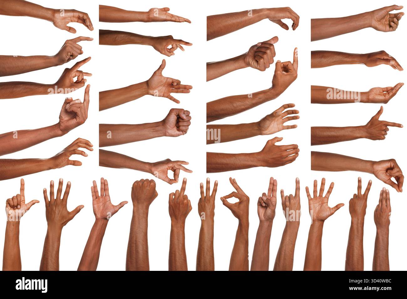 Set of hand gestures on white background. African american man showing ...