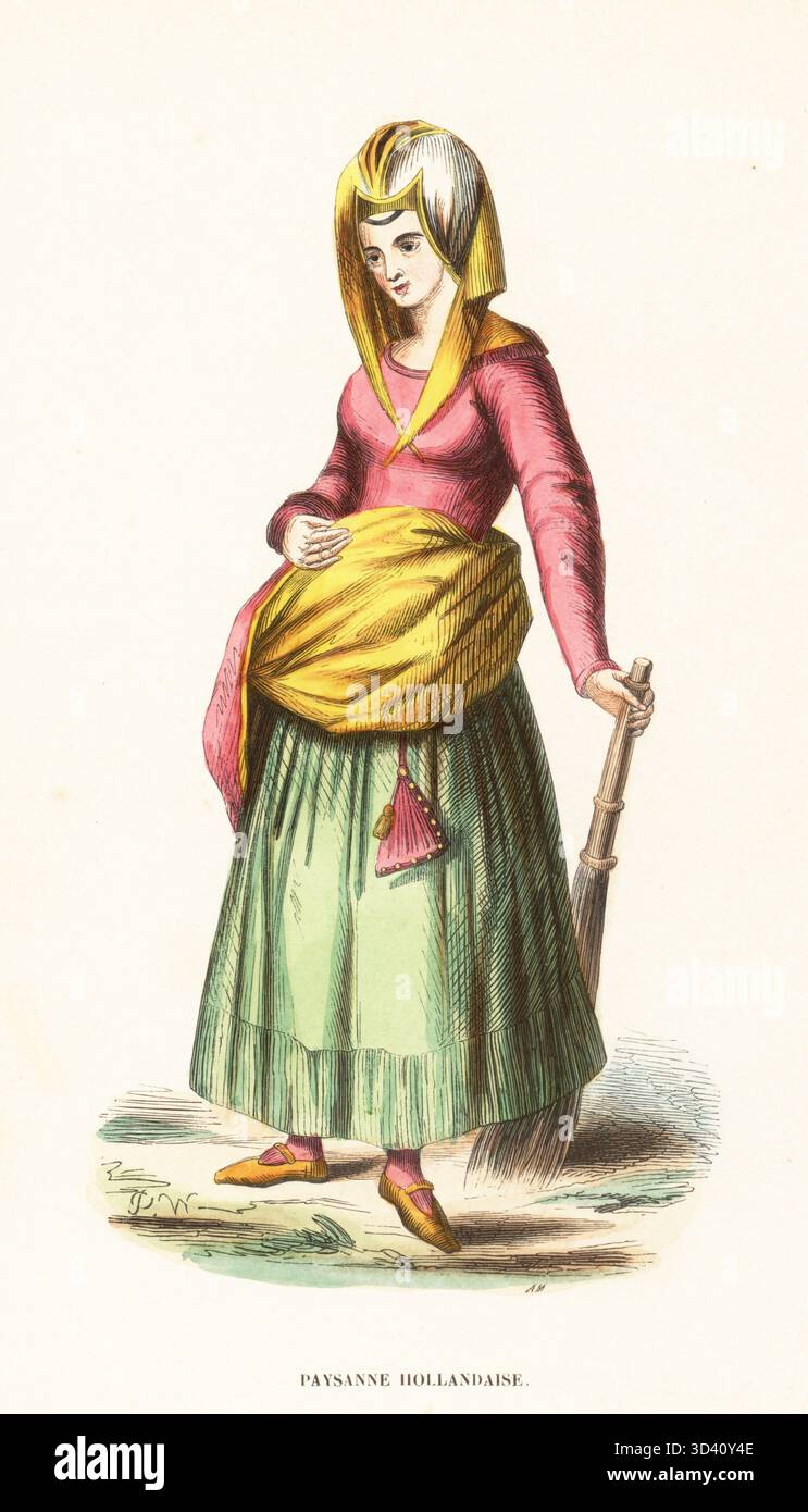 Dutch peasant woman, 15th century. In tall bonnet with tails falling ...