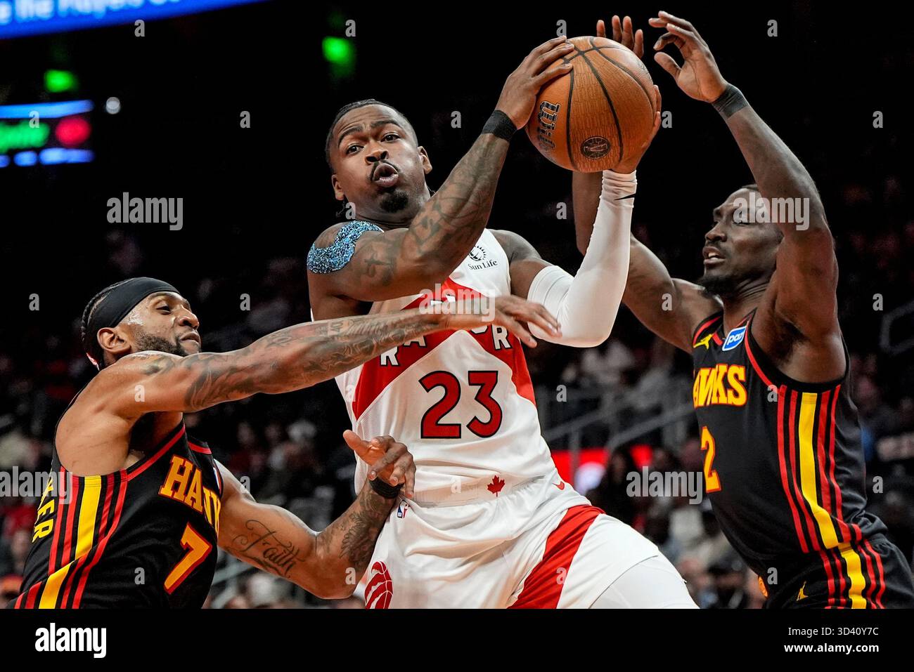 Toronto Raptors guard Jamal Shead (23) drives against Atlanta Hawks ...
