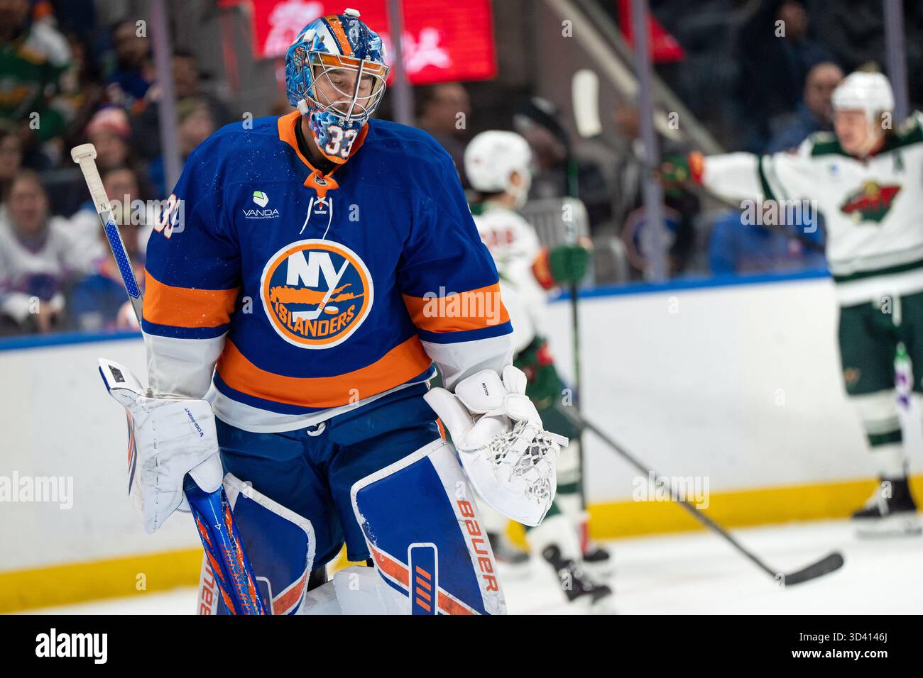 New York Islanders goaltender David Rittich (33) closes his eyes after ...