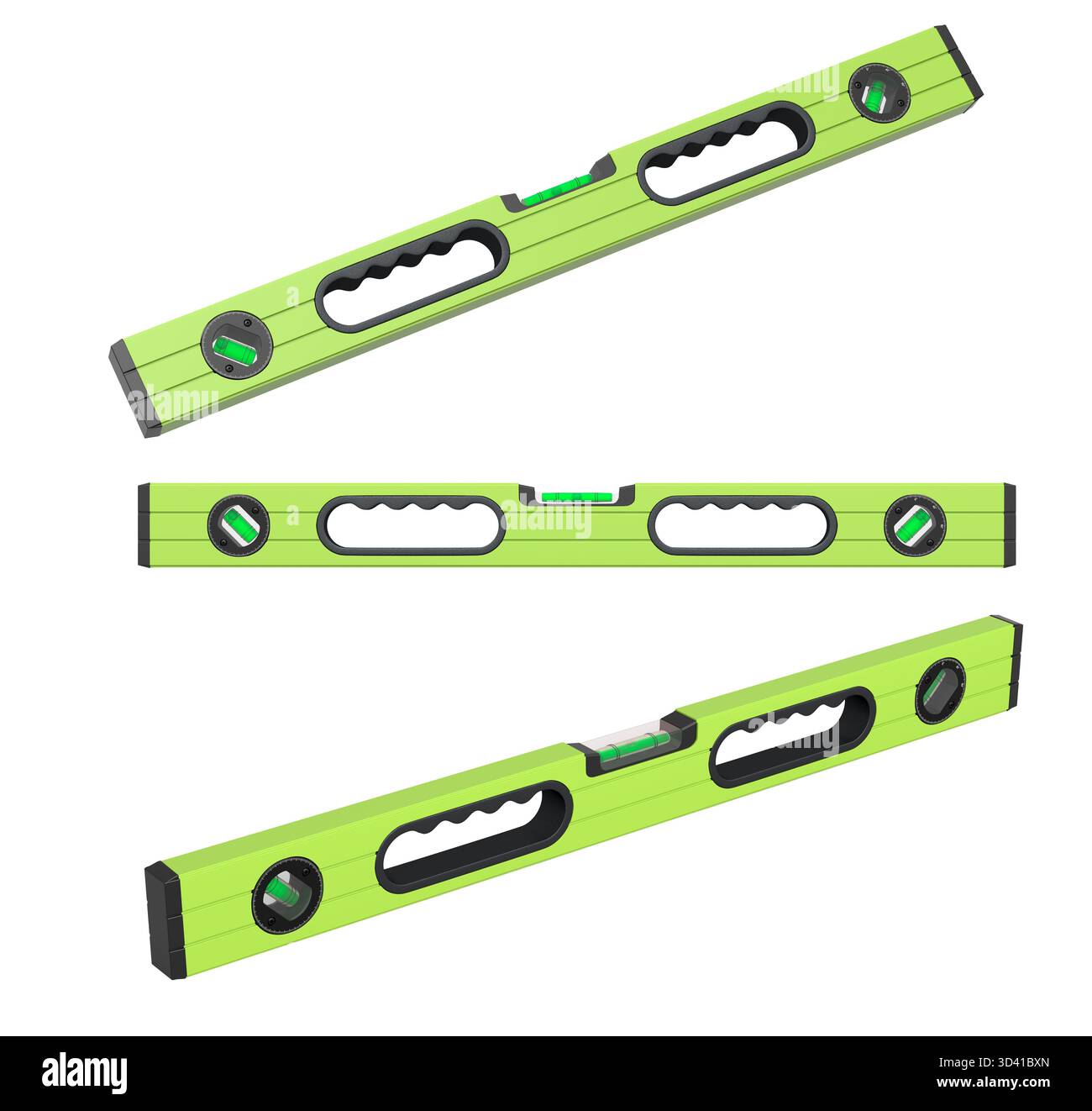 Set of bubble spirit levels with black handles on white background with ...