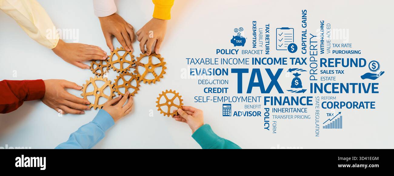 Collaborative Business Team Strategy with Gears and Tax Concepts, Focus ...
