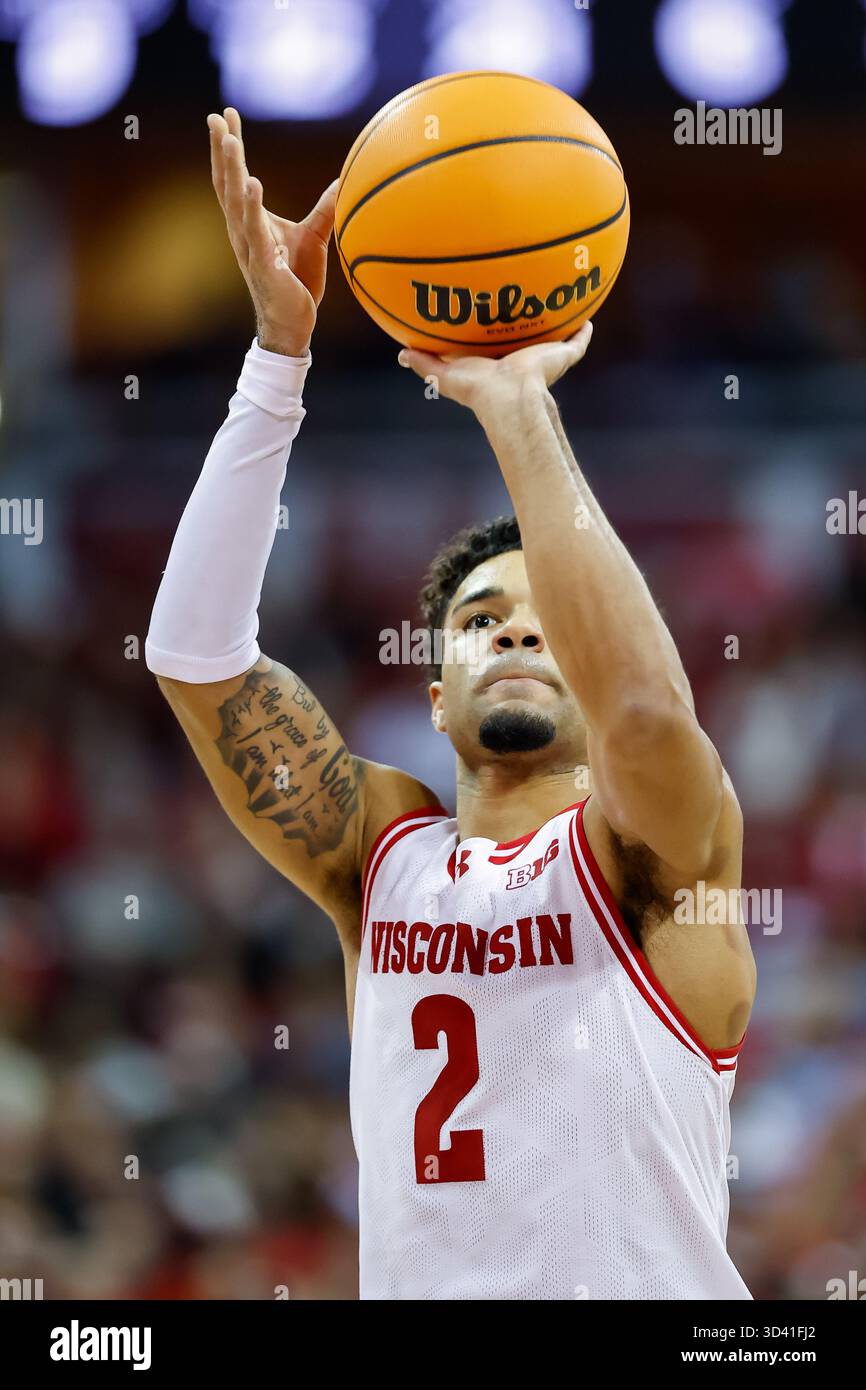 November 7, 2025: Wisconsin Badgers guard Nick Boyd (2) takes a free throw during the NCAA ...