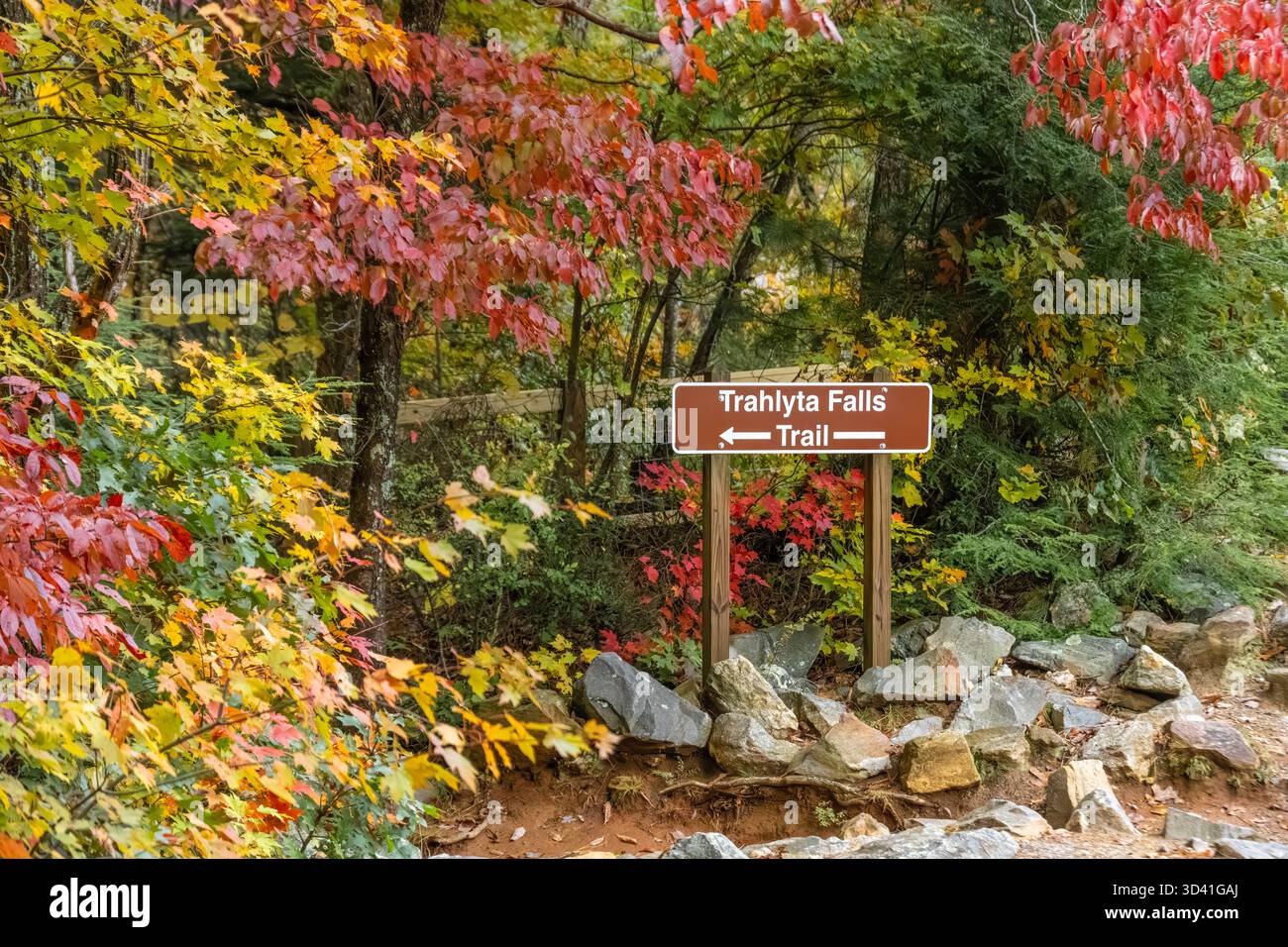 Trahlyta Falls Trail entrance sign amidst colorful fall foliage at ...