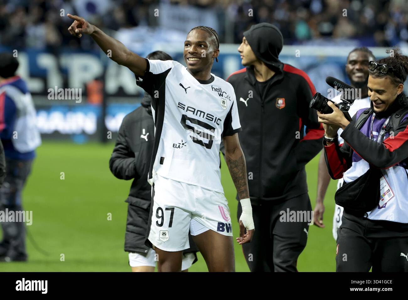 Jeremy Jacquet of Rennes celebrates the victory following the French ...