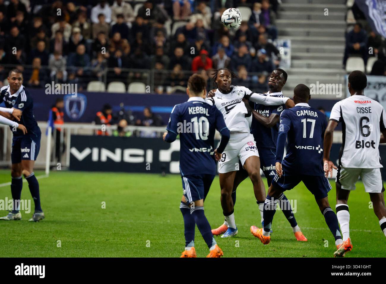 PFC’s Moustapha Mbow battles Rennes’s Kader Meite during the 2025-26 ...