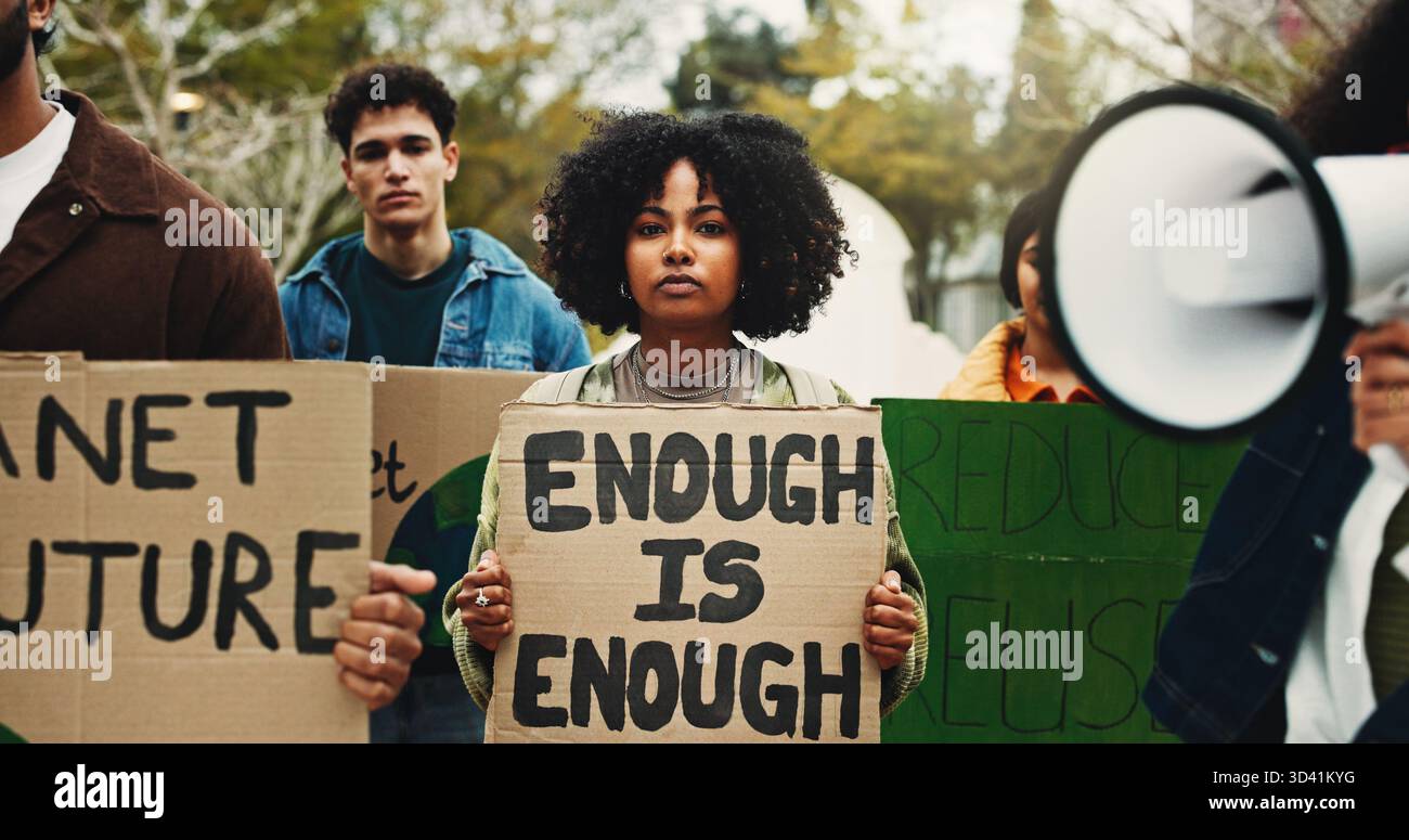 Portrait, students and megaphone with sign for protest, climate change ...