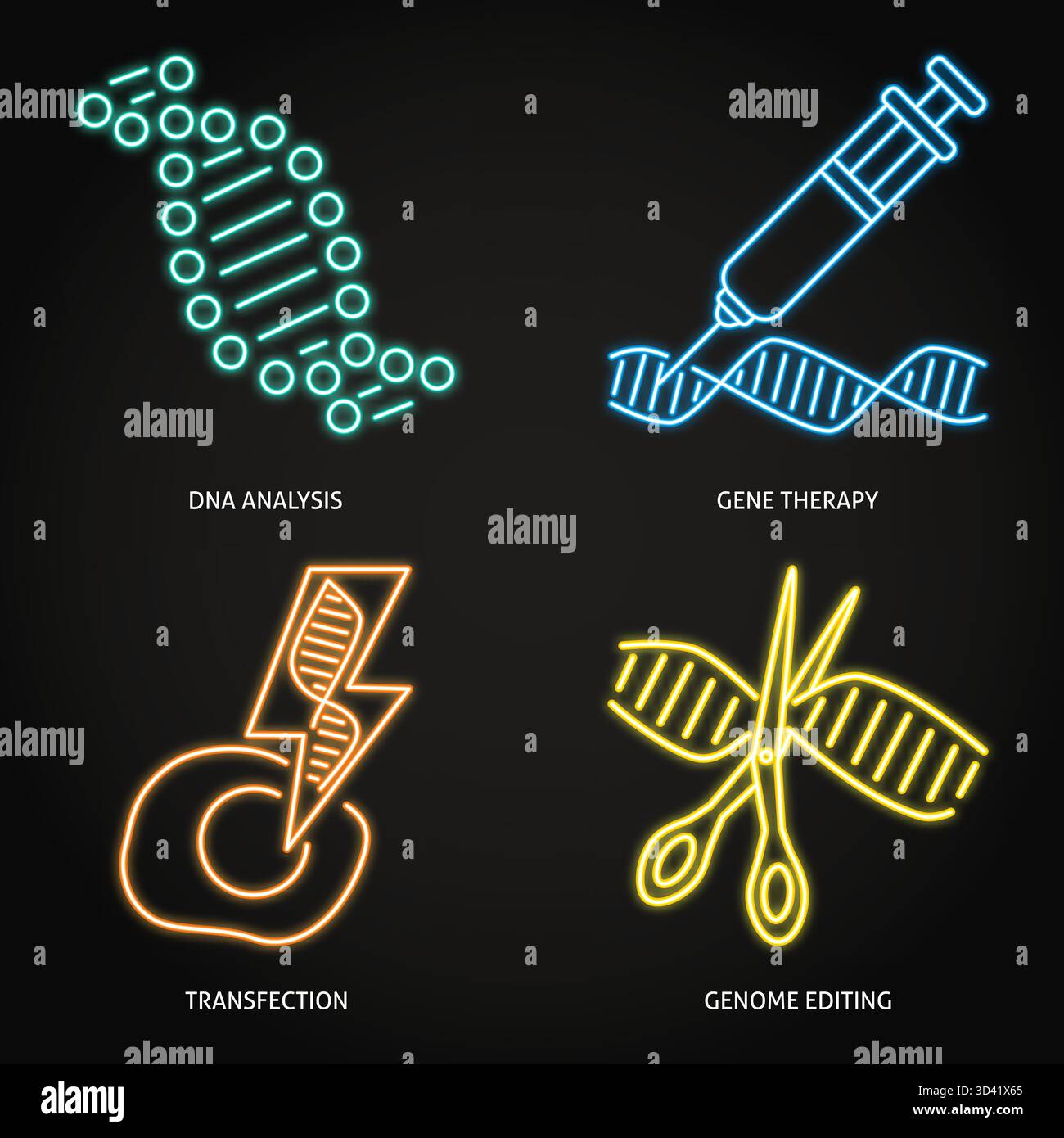 Genetic research and biotechnology neon icon set. DNA analysis and ...