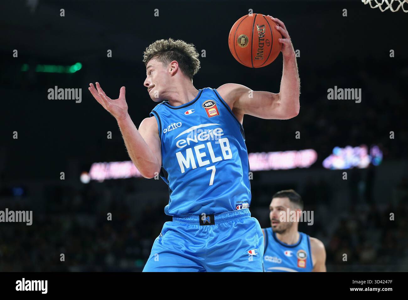 Finn Delany of Melbourne United gathers the ball during the NBL Round 8 ...