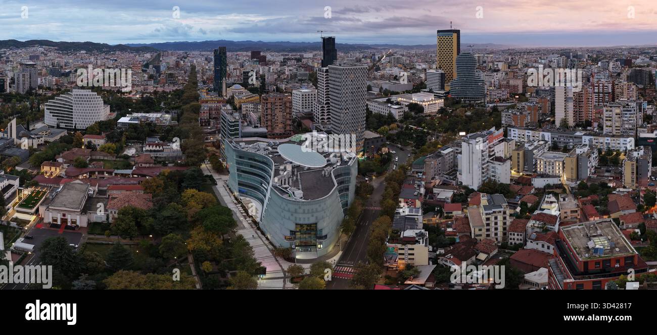 Aerial panorama of Tirana city center and Scanderbeg Square area in ...