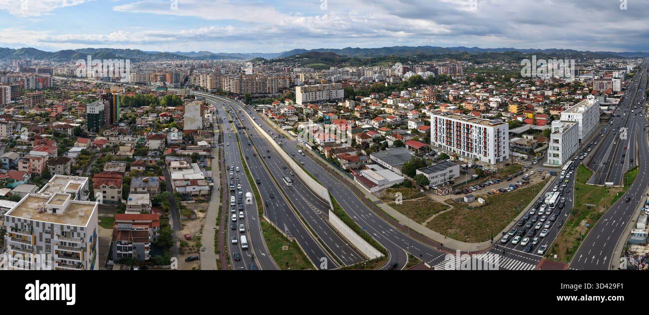 Aerial panorama of Tirana, Albania, showing the northwest section of ...