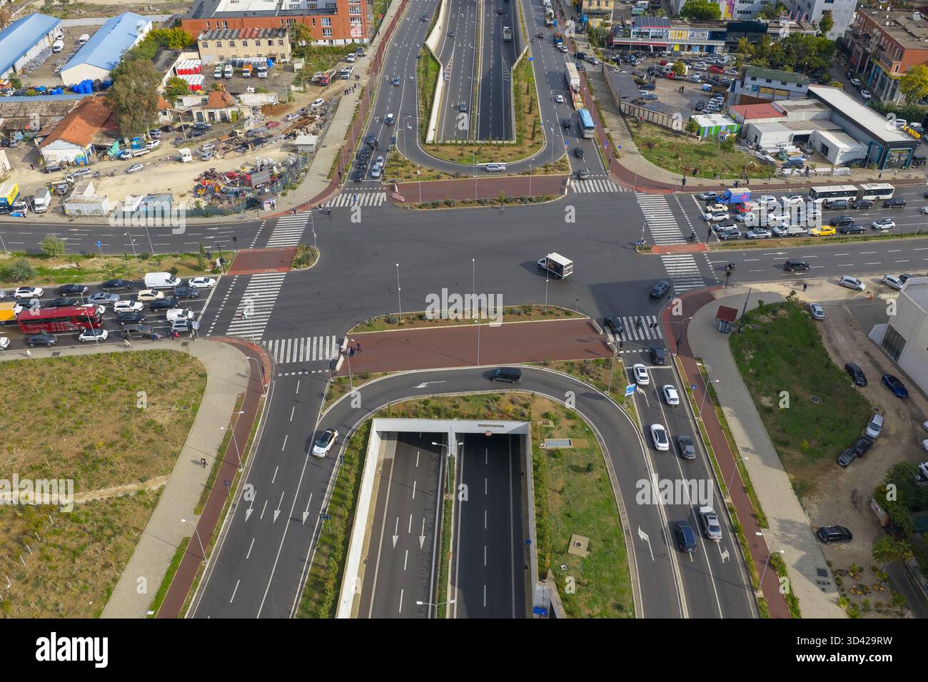 Top-down aerial view of Tirana intersection where Dritan Hoxha Road ...