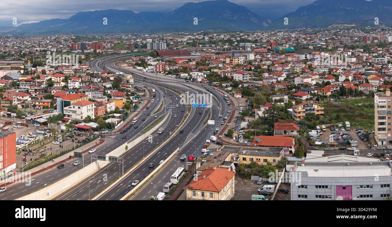 Aerial view of Tirana’s outer ring road at Laprake, showing motorway ...