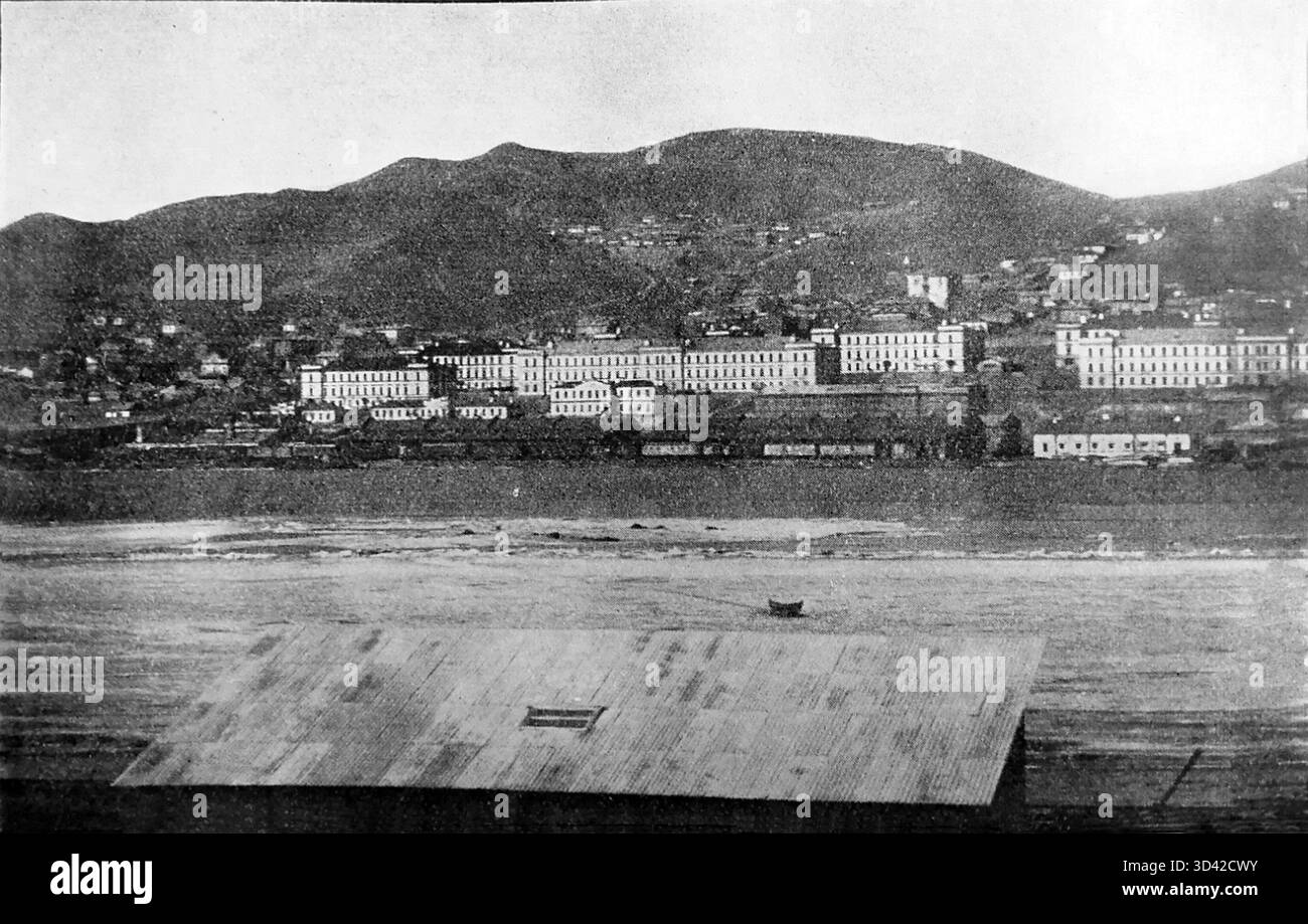 This photograph depicts the barracks on Russian Island in Vladivostok ...