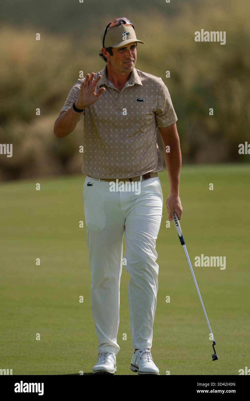 Nacho Elvira of Spain reacts after playing a shot on the 5th green ...