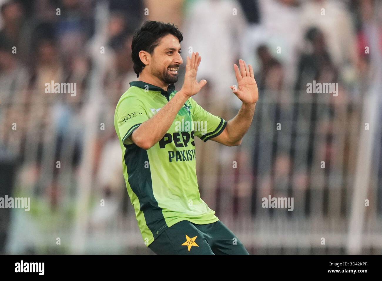 Pakistan's Abrar Ahmed celebrates after the dismissal of South Africa's ...