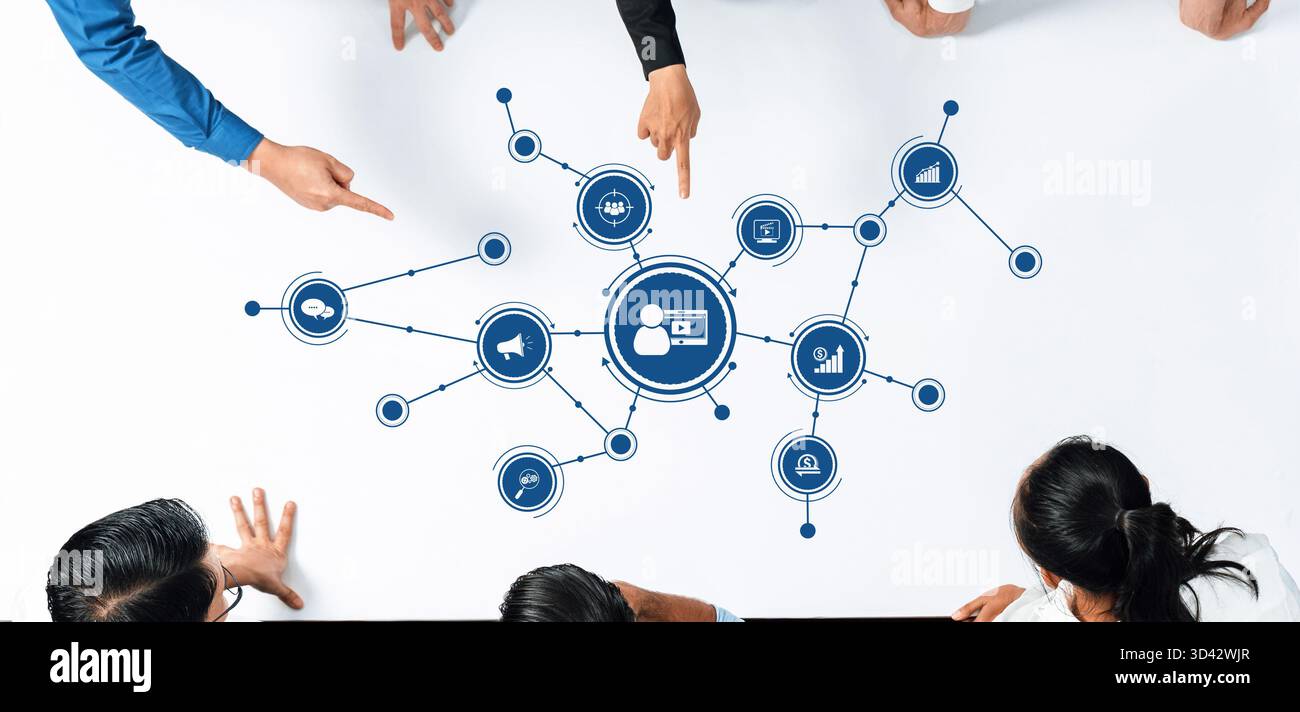 A group of professionals collaborates on marketing strategies and data ...