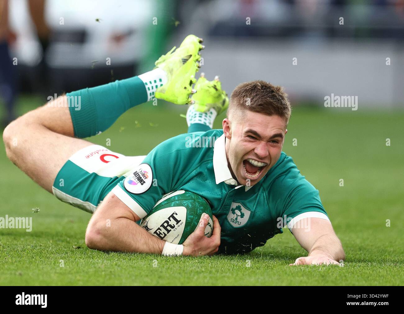 Ireland's Jack Crowley scores a try during the rugby union Nations ...