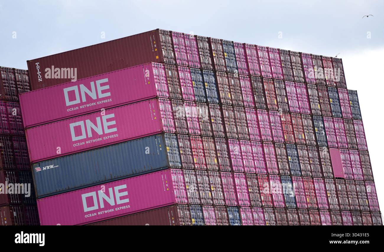 18 September 2025, Hamburg: The container ship One Henry Hudson of the ...